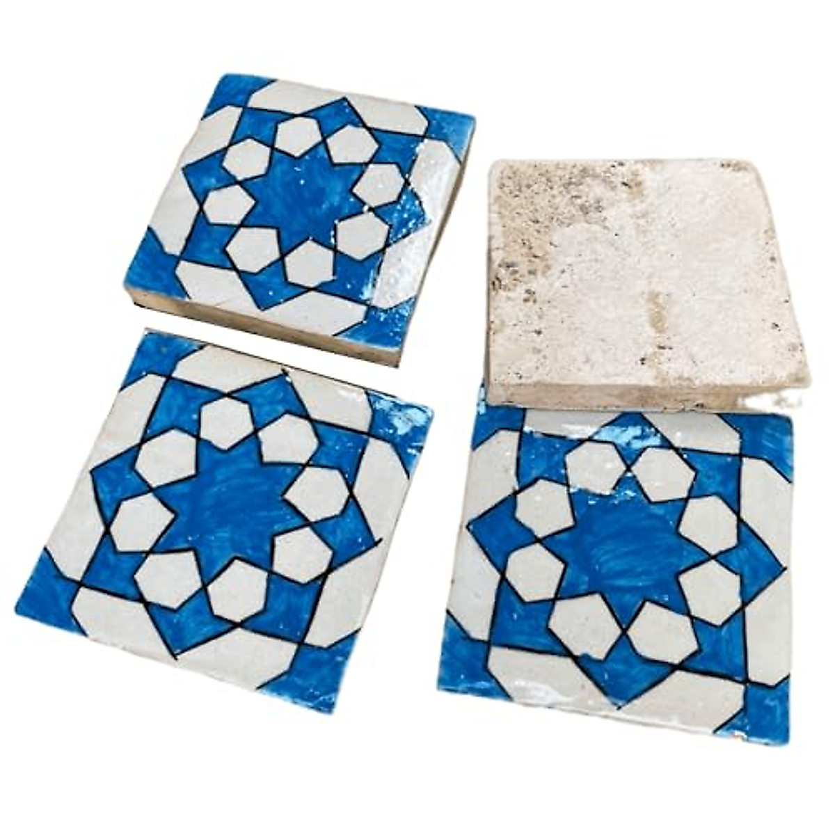 Spanish Blue Ceramic Tile Painted 4x4 - Moroccan Hand Painted Tile Zellige for Kitchen Backsplash, Outdoor/Indoor Tiles Bathroom or Shower Tile, Handmade Ceramic Tile Simple (4 Tiles)