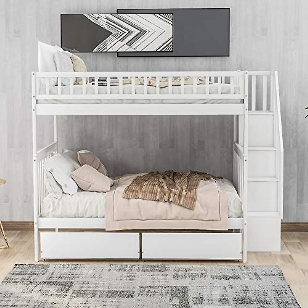 Full Over Full Bunk Beds, Solid Wood Full Bunk Beds with Two Drawers, Inner Bookcase and Stairway for Kids and Teenages, White