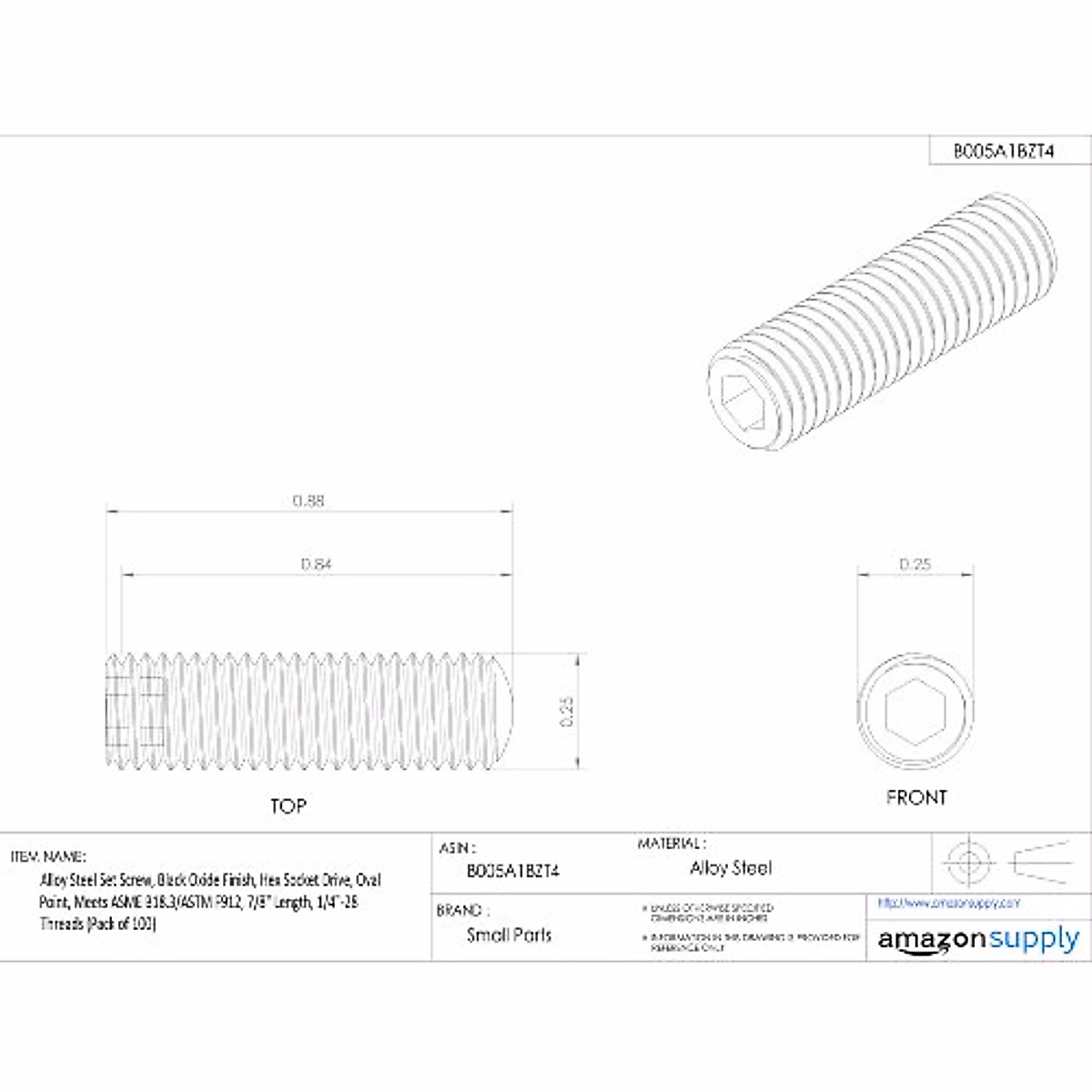 Alloy Steel Set Screw, Black Oxide Finish, Hex Socket Drive, Oval Point, Meets ASME B18.3/ASTM F912, 1/4" Length, #8-32 UNC Threads, Imported (Pack of 100)