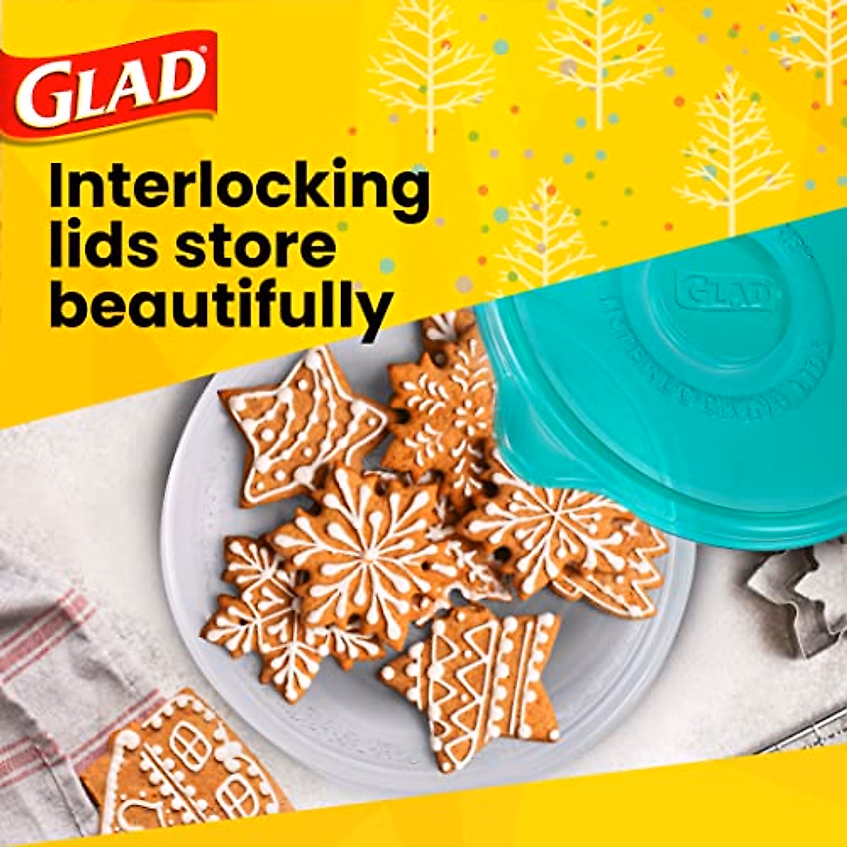 GladWare Big Bowl Large Round Holiday Edition Food Storage Containers with Lids | 48 oz Holiday Containers with Green Pine Tree Design, 3 Count Set | Airtight Food Storage Containers for Food