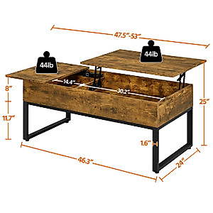Yaheetech Lift Top Coffee Table with Storage, Industrial Coffee Table with Hidden Compartment & Lift Tabletop for Living Room, Rustic Brown