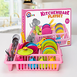 Play Dishes for Kids Kitchen | Pretend Play Kitchen Dishes Set with Drainer | Pretend Dishes Cookware Set | Fun and Colorful Toy Dishes Kit | Childrens Durable Tableware Playset (33 Pcs - Pink)