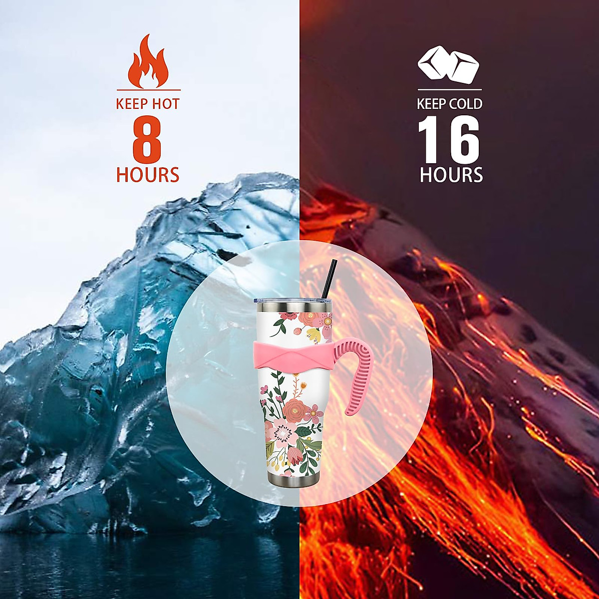 Exacmos 40 oz Tumbler with Handle and Straw 40 oz Floral Cup Insulated Stainless Steel Coffee Travel Mug Spill Proof Leak Proof Slim 40oz Tumbler with Handle Floral Decor Stuff Gifts for Women