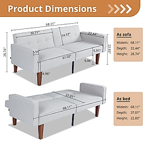 Fangflower 68.1'' Wide Modern Tufted Back Upholstered Convertible Sofa with Reclining Backrest, with Nailhead Trims for Living Room, Apartment (Fabric, Gray)