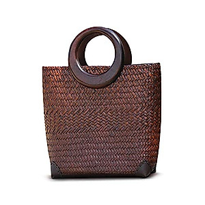 QTKJ Hand-woven Womens Straw Large Boho Handbag Bag for Women, Summer Beach Rattan Tote Travel Bag with Wood Round Top Handle (Brown)