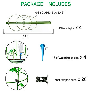 4 Pack Garden Plant Support Tomato Cage, Upgrade 18" Trellis for Climbing Plants, Plant Trellis Kits with 4 Self Watering Spikes and 20 Plant Clips (18")