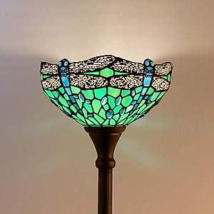 ZJART Tiffany Floor Lamp Torchiere Stained Glass Torch Lamp 12X12X67 Inch Antique Standing Corner Light (Green Dragonfly)