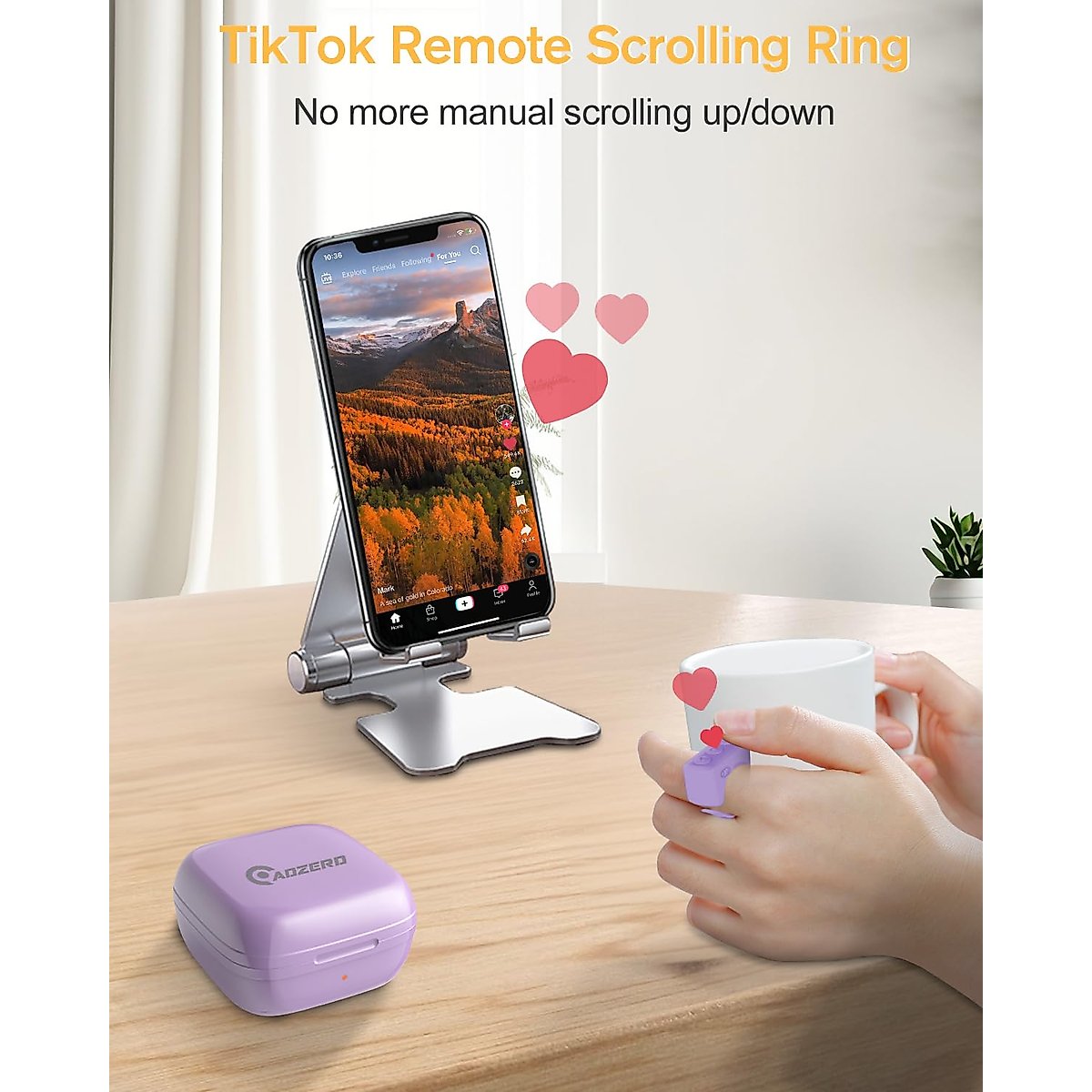 Remote Control for TikTok, Page Turner for Kindle App, Bluetooth Camera Video Recording Remote, Scrolling Ring for TIK Tok, iPhone, iPad, iOS, Android - Purple