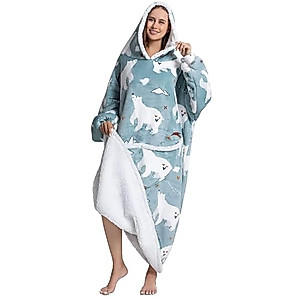 Queenshin Polar Bear Wearable Blanket Hoodie, Extra Long Oversized Sherpa Comfy Sweatshirt Robe for Adults Women Men, Warm Cozy Animal Hooded Body Blanket