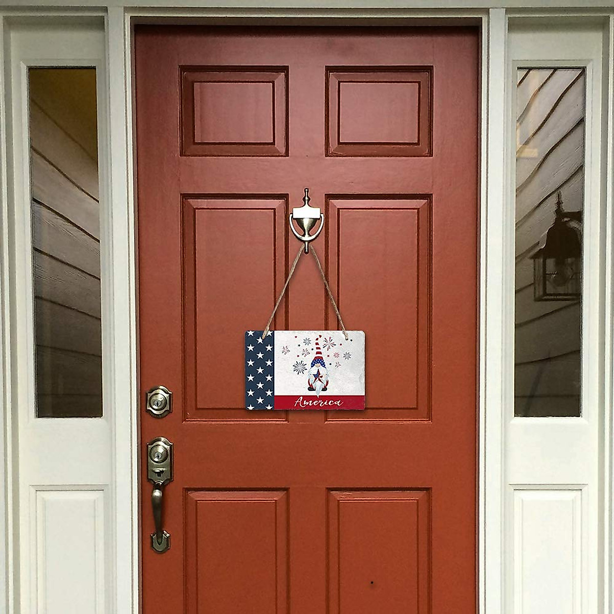 Slate Hanging Wall Sign Gnome Hold American Flag Wall Plaque Wood Signs with Rope Patriotic Fireworks DIY Hanging Door Sign for Front Porch/Entryway/Outdoor/Garden Home Decor, 8x5inch