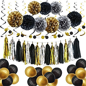 Black and Gold Party Decorations - DIY Tissue Paper Pom Poms Flowers, Tassel, Balloons, Hanging Swirl, Paper Circle Garland for Graduation and Retirement Party Decor
