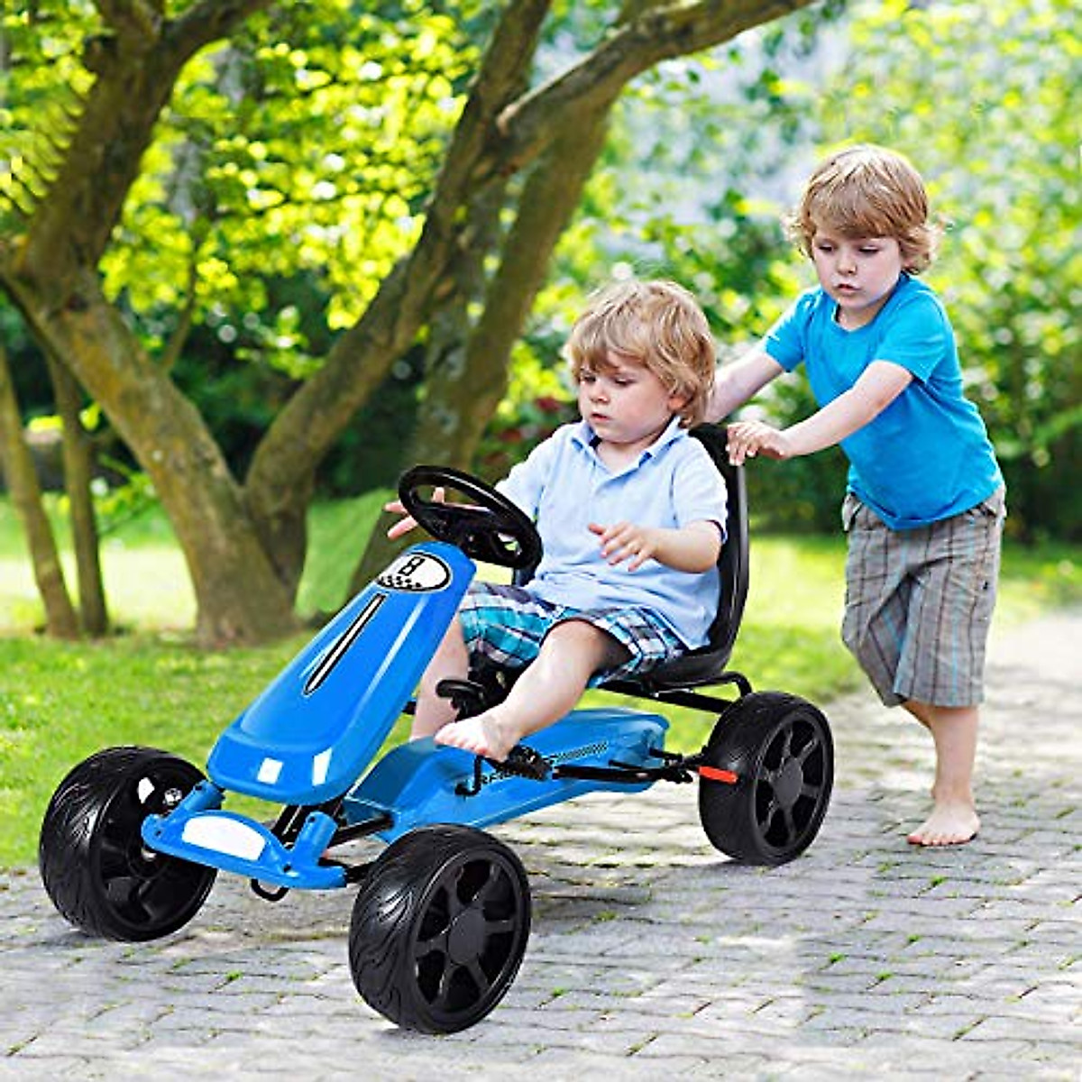 Costzon Go Kart, 4 Wheel Powered Ride On Toy, Outdoor Racer Pedal Car with Clutch, Brake, EVA Tires, Adjustable Seat (Blue)