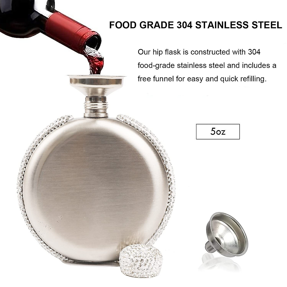 INTOR Hip Liquor Flask for Women, Leakproof Wine Flasks 304 Stainless Steel Rhinestone Portable Flask with Funnel, Women Girls Bling Gift(Silver/5oz)