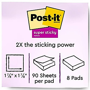Post-it Super Sticky Notes, 2 in x 2 in, 8 Pads, 2x the Sticking Power, Playful Primaries Collection, Primary Colors (Red, Yellow, Green, Blue, Purple), Recyclable (622-8SSAN)