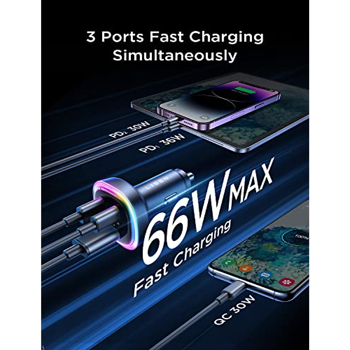 Car Charger USB C, 66W LISEN 3 USB Port [PD 36W+QC 30W] All Metal Car Charger iPhone, Fast Charging Car Adapter Colorful Lighting PD&QC 3.0 for iPhone 14 13 Pro, Samsung S23 iPad MacBook Pro Laptop
