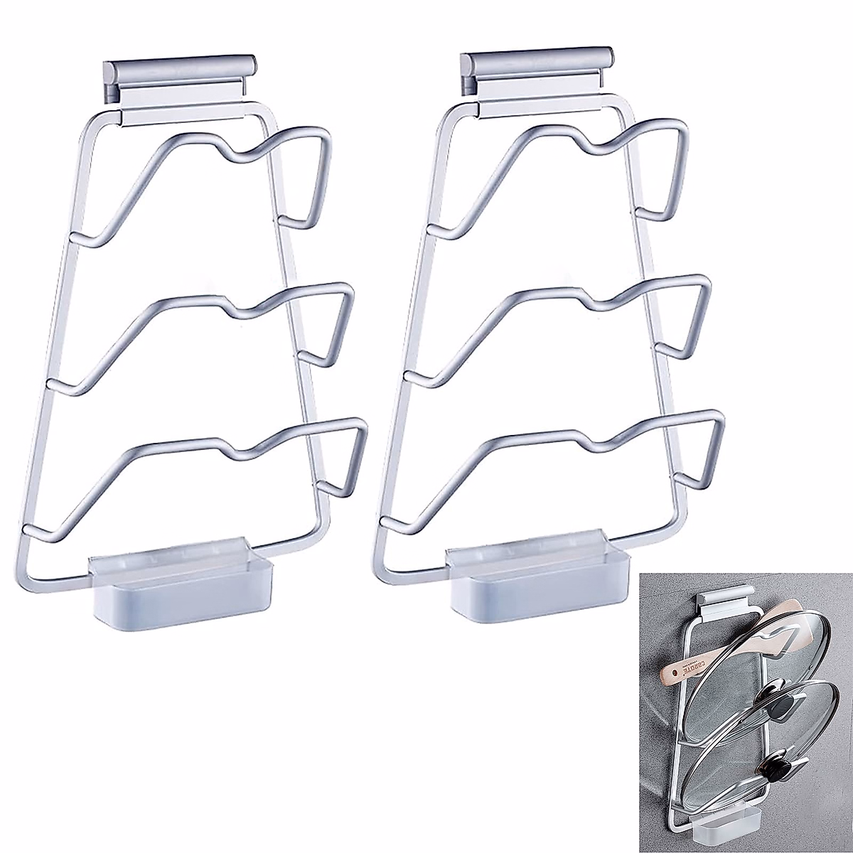bangminda 2pcs 3 Layer Pot Lid Organizer Pot Lid Holder Cookware Storage Bracket for Cupboard Door/Wall Mounting With Catch Tray, No Drilling Required