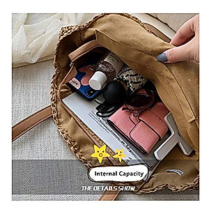 Straw Handbags Women Handwoven Round Corn Straw Bags Natural Chic Hand Large Summer Beach Tote Woven Handle Shoulder Bag (Khaki)