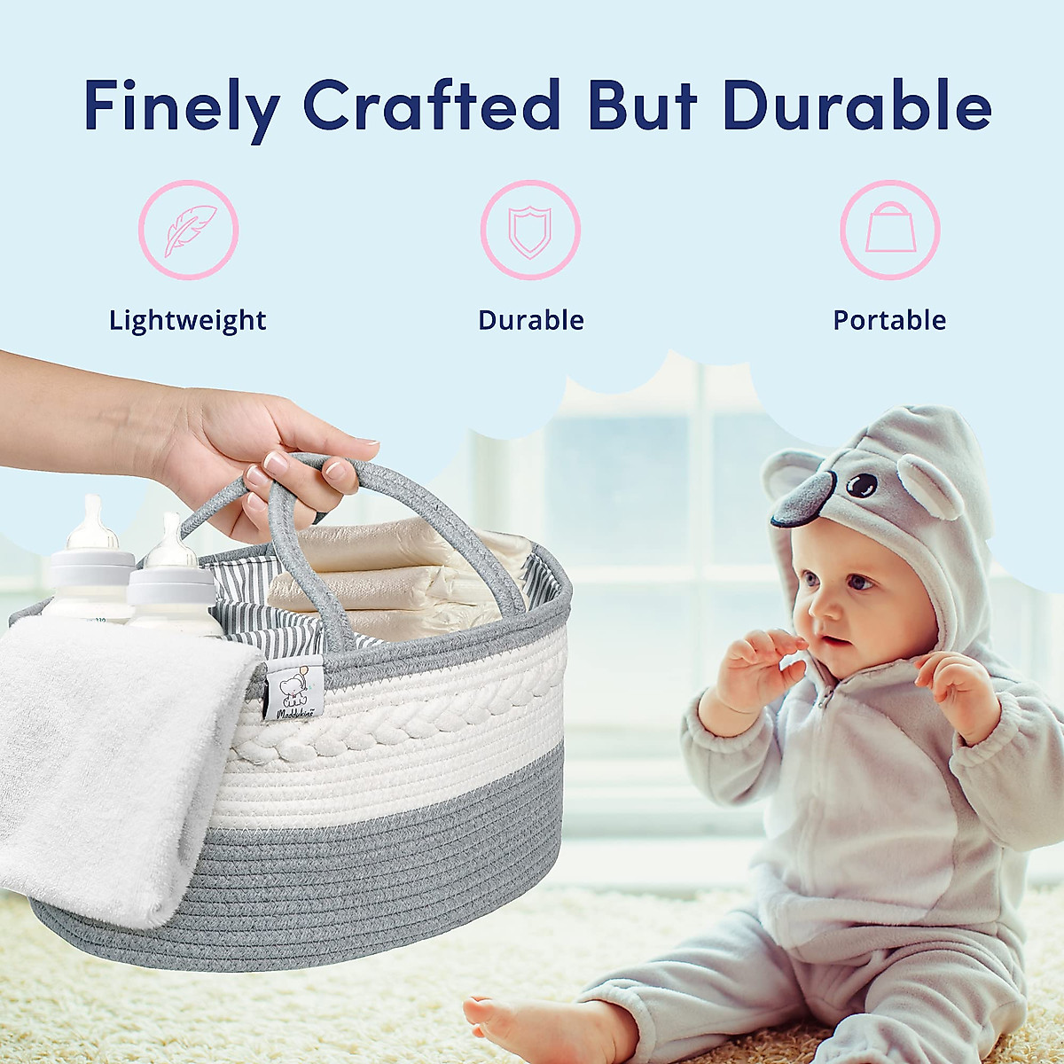 MADDYKINS - Diaper Caddy, Diaper Basket Organizer, 100% Pure Woven Cotton Diaper Storage Caddy, Large Diaper Caddy, Grey/White