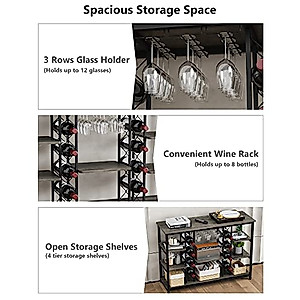 Teraves Modern Wine Rack Table, 47 Inch Wine Baker's Rack with Storage Shelves, 4 Tier Freestanding Wine Rack for Bar, Buffet, Home Kitchen Dining Room Living Room (Black Oak+Black Frame)