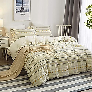 PHF 100% Cotton Tufted Duvet Cover Set King Size, 3pcs Boho Textured Jacquard Comforter Cover Set, Yarn-Dyed Decorative Duvet Cover with Pillow Shams Bedding Collection, 106"x 92", Ivory & Yellow