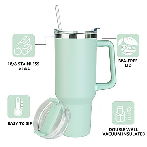 SYACOT 40 oz Tumbler with Handle and Straw Stainless Steel Insulated Tumbler Leak Proof Lid and Straw Lid Reusable Travel Mug Coffee Mug Cup Dishwasher Safe Keep Drinks Cold and Hot (Jade)