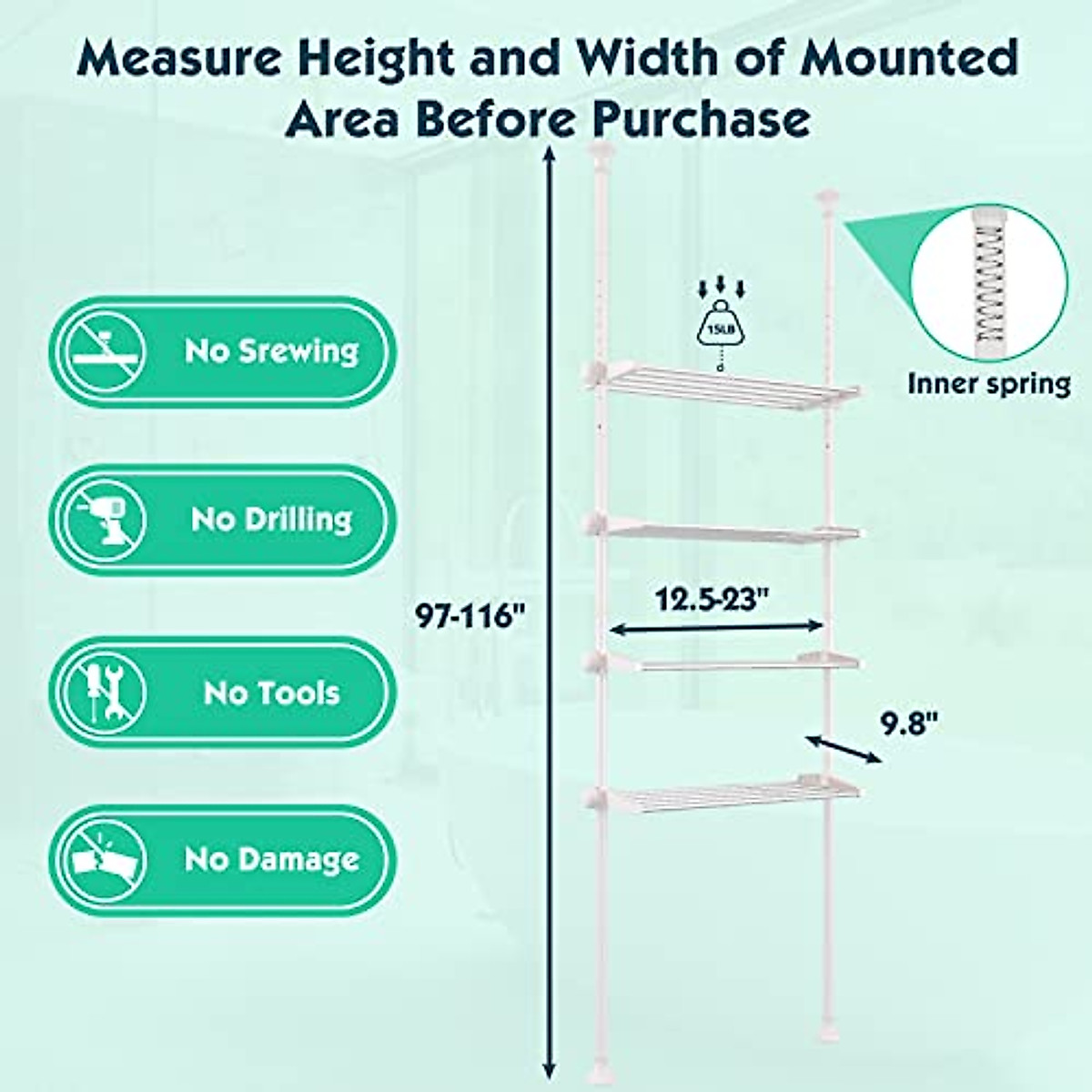 Lilyvane 4 Tiers Over The Toilet Storage, 97 to116” Adjustable Tension Pole Over Toilet Bathroom Organizer, Freestanding Bathroom Shelves Over Toilet for Most Showers Over The Toilet Shelf