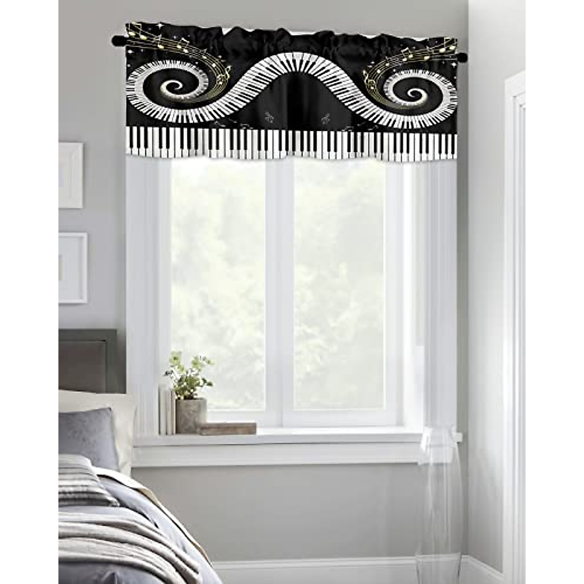 Curtain Valance for Windows Black White Piano Keys Gold Notes Kitchen Valances Rod Pocket Short Curtains,Music Instrumental Stave Swirl Window Treatment Panel for Living Room Bathroom Bedroom 42x12in