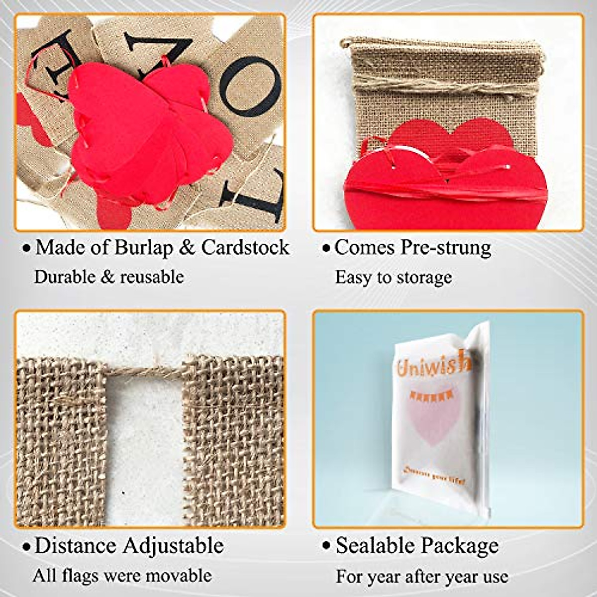 Uniwish Love Burlap Banner Valentines Day Decorations Garland Hearts Hanging Ornaments Wedding Engagement Anniversary Photo Props Indoor Outdoor Valentines Decor