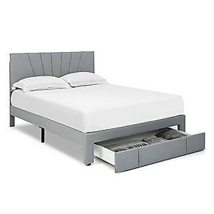 Giantex Upholstered Queen Bed Frame with Drawer, Modern Platform Bed with Storage & Adjustable Headboard, Wooden Slat Support Mattress Foundation, No Box Spring Needed, Noise Free