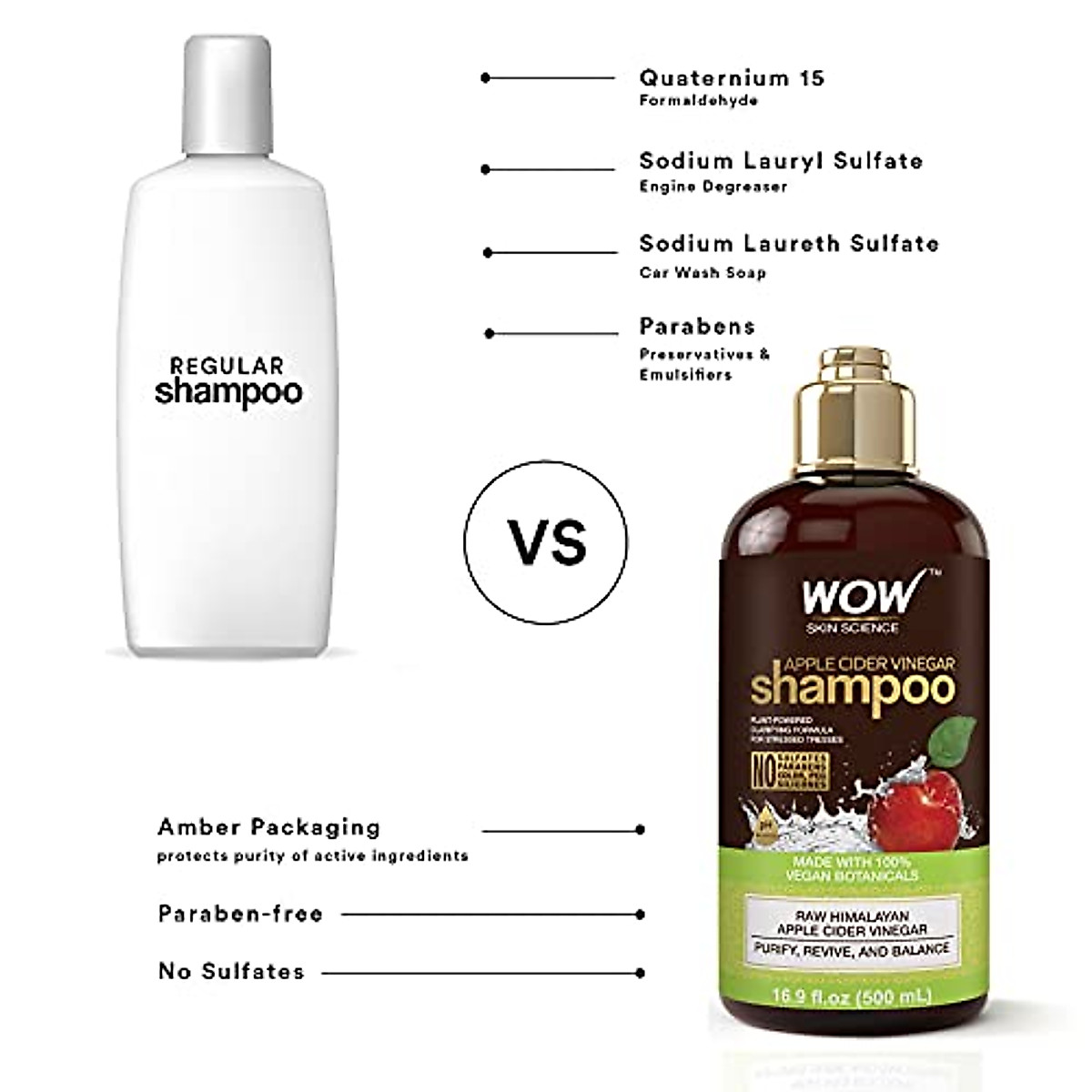 WOW Skin Science Apple Cider Vinegar Shampoo - Hair Growth Shampoo for Thinning Hair, Hair Loss & Dandruff Shampoo - Parabens & Sulfate Free Shampoo - Clarifying Shampoo for Build Up Purifying Shampoo