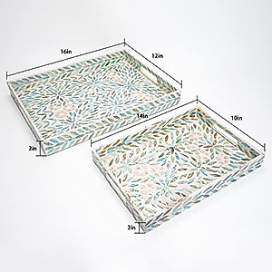 Handmade Serving Trays, Mother of Pearl Inlay Decorative Tray for Room Decor, Coffee Table Tray with Handles Set of 2 Length 16'' and 14'' Trays (TPSET-US)