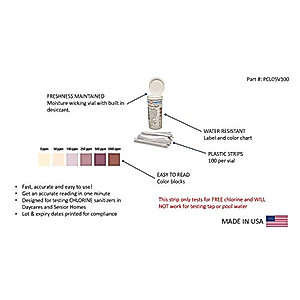 Free Chlorine/Bleach Test Strips, 0-1000 ppm [Vial of 100 Strips]