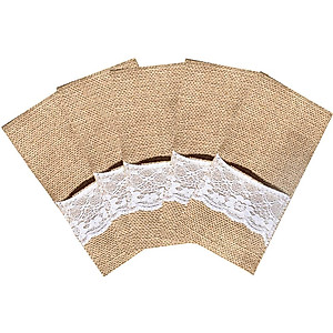 50 Packs Burlap Lace Utensil Holders Pouch Jute Napkin Holders Linen Silverware Cutlery Knife and Fork Bags Pocket for Vintage Rustic Country Theme Weddings, Christmas Thanksgiving Party Decorations