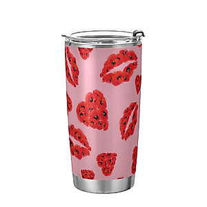 Yasala Valentines Tumbler Poppy Heart Lip Romance Insulated Coffee Cup Beverage Container Office Travel Mug with Straw and Lid 20oz Holiday Back to School Gift
