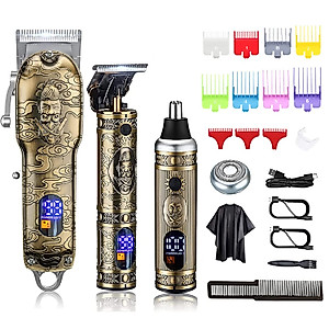 Suttik Hair Clippers for Men Nose and Beard Trimmer Set of 3, Professional Cordless Barber Clippers for Hair Cutting Grooming Kit, Rechargeable, LCD Display