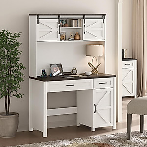 Farmhouse 47" Executive Desk, Computer Desk with 2 Drawers and Storage Cabinet, Home Office Desk with Hutch, Charging Hub, Workspace for Work and Study,Black