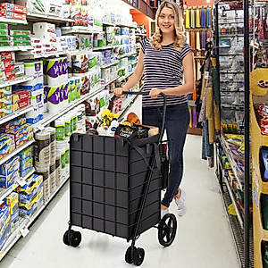 Goplus Folding Shopping Cart for Groceries, Upgraded Jumbo Grocery Cart with Waterproof Liner, 32 Gallon Capacity, 360° Rolling Swivel Wheels and Double Basket, Heavy Duty Foldable Utility Cart