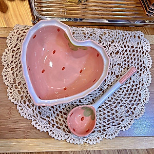 ENPAP Strawberry-shaped heart-shaped ceramic bowl, sturdy salad bowl, for cereals, salads, soups, salads and ceramic lettuce, for oatmeal, ceramic (pink)