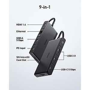Anker USB C Hub, 552 USB-C Hub (9-in-1, 4K HDMI) with 100W Power Delivery, 4K@30Hz HDMI, 4 USB-C and USB-A Data Ports, Ethernet and SD/microSD Card Slot & New Nylon USB C to USB C Cable 100W 10ft