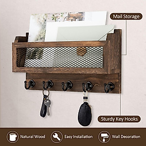 Nekon Mail and Key Holder for Wall Decorative, 11 Inch Wooden Wall Key Organizer with 5 Key Hooks, Wall Mount Storage Shelf for Entryway Hallway (Brown)