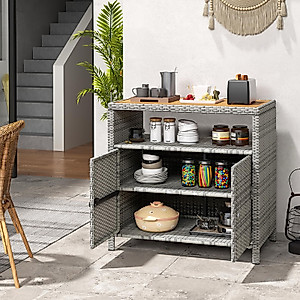 Tangkula Rattan Storage Cabinet, Outdoor Patiojoy Buffet Cabinet with Acacia Wood Countertop, Open Compartment & Enclosed Cabinet, 2-Door Wicker Sideboard, Storage Organizer for Poolside (Mix Grey)