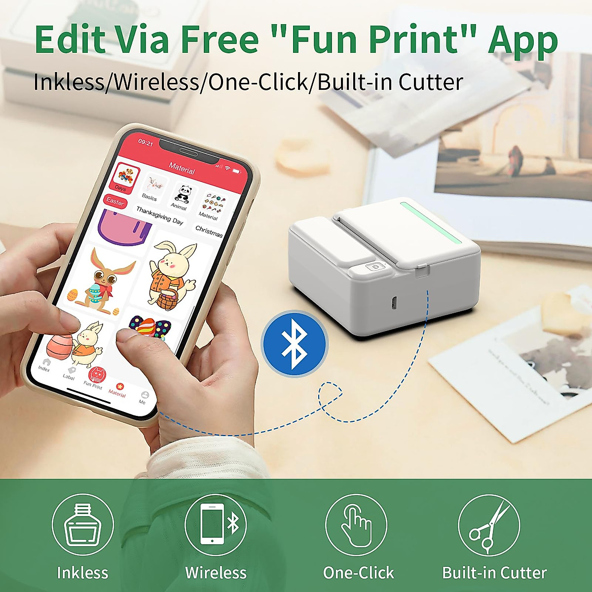 kazazoo Mini Thermal Printer Bluetooth Pocket Printer Portable Inkless Sticker Printer for Notes/Lists/Label/Memo/Scrapbook, Photos Compatible with iPhone iOS & Android or Tablet (with 2 Roll Paper)
