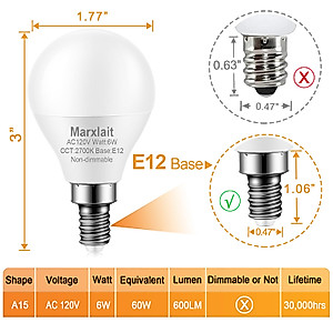 Marxlait 4 Pack E12 Ceiling Fan Light Bulbs, 60W Equivalent, Warm White 2700K, Small Base LED Candelabra Light Bulb, Bright A15 LED Bulb, 120V, Non-dimmable
