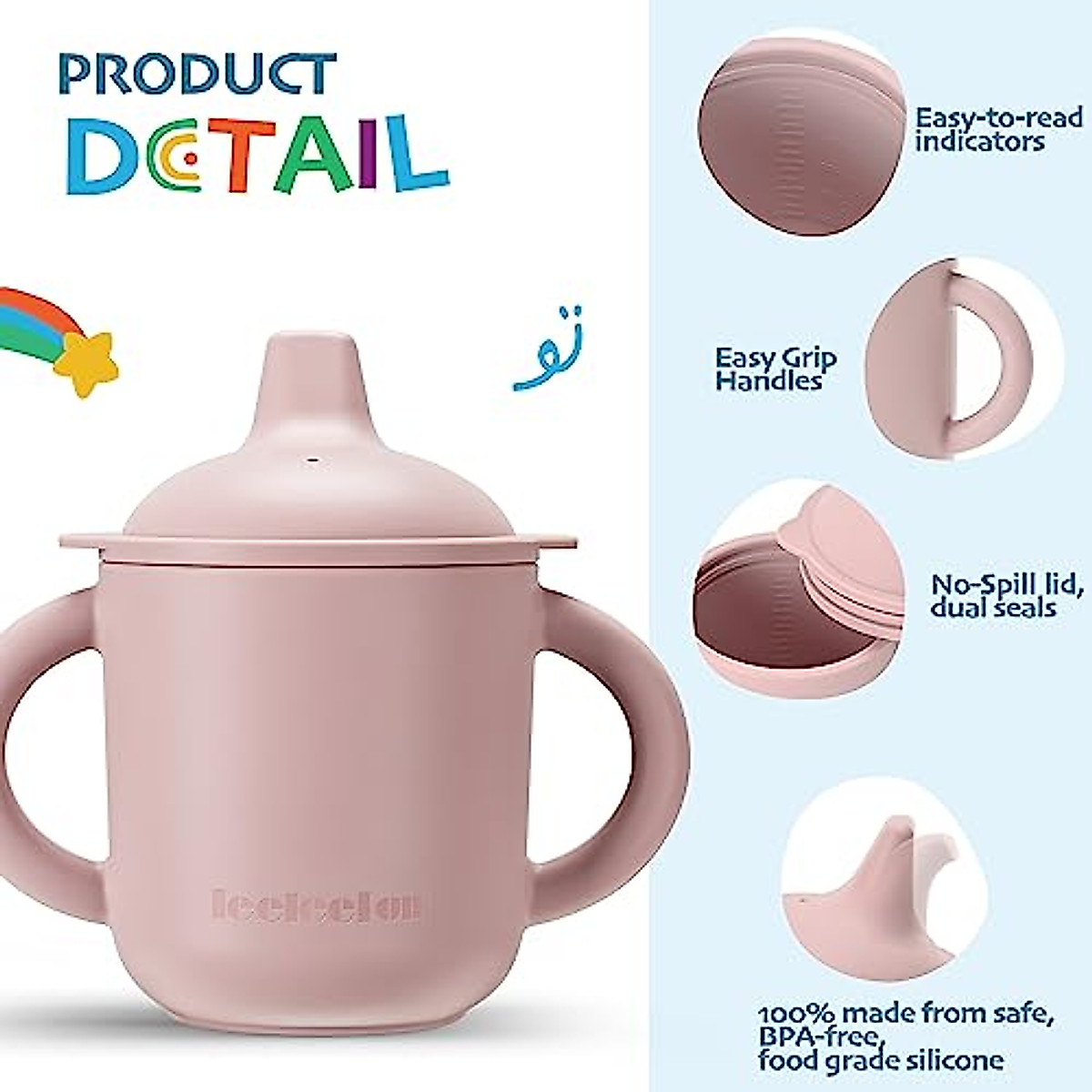 Leeleelon Silicone Sippy Cups for Baby, 100% Leak-Proof Training Cup for Toddler with Handles, Soft Spout Sippy Cup for Infants, 6+ Months, 6oz/180ml (Pack of 2)