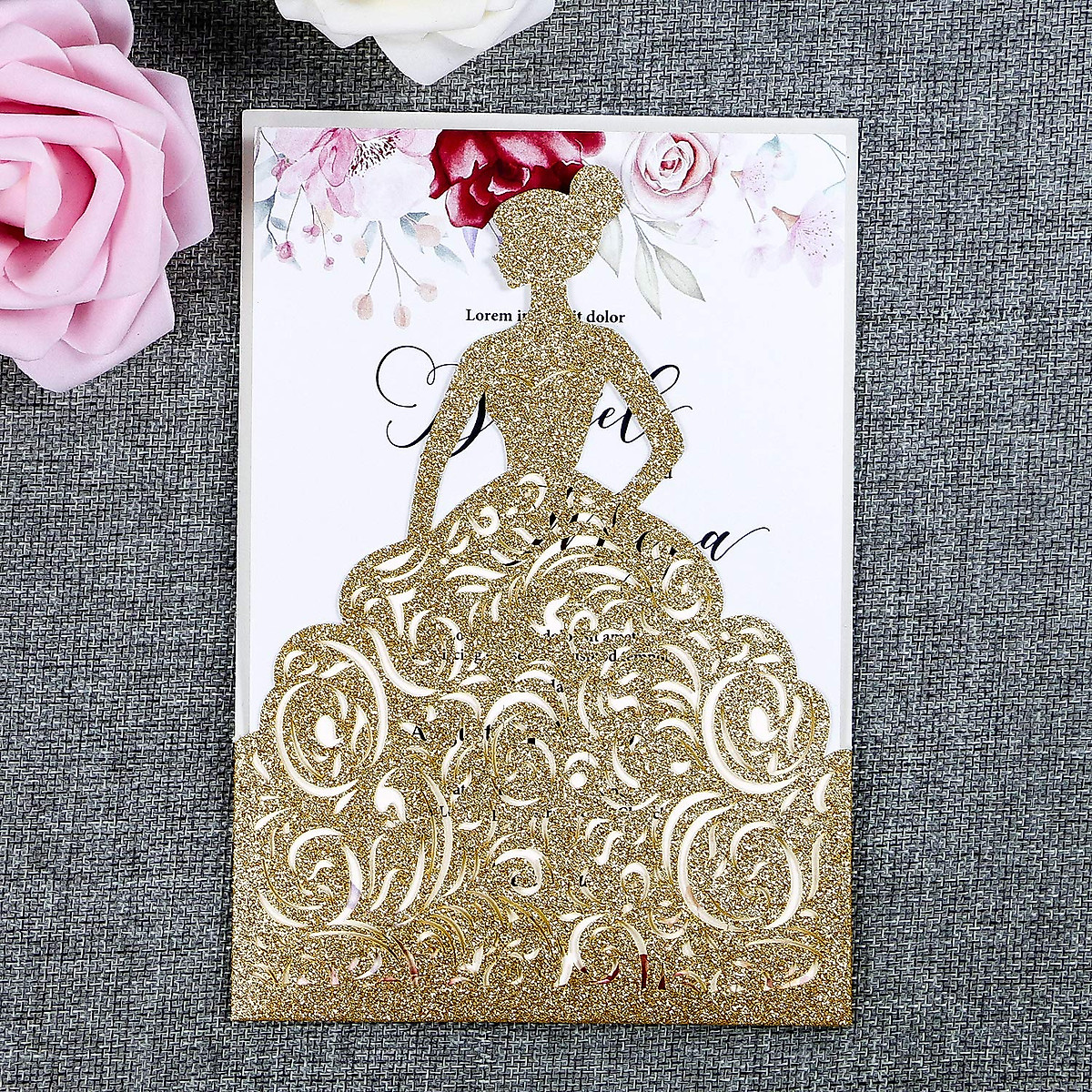 FEIYI 25PCS Laser Cut Wedding Invitations Cards with Envelopes for Quinceanera Birthday Sweet 16, Bridal Shower Anniversary Party Invite, Wedding Invitation Kit (Gold Glitter)