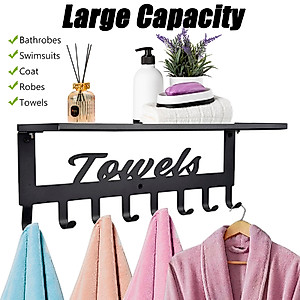 Towel Rack with Shelf for Bathroom - Metal Towels Rack Hanger, Space Saving Towel Holder Rack, Wall Mounted, 8 Hooks, Towel Organizer for Coat Robe Bathrobe in Home Pool Bedroom Beach Living Room