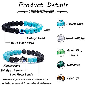 SOOWOOT 10pcs Evil Eye Bracelet - Lava Rock Stone Hamsa Bracelet Third Eye Stretch Beaded Bracelet Hand of Fatima Bracelet Set