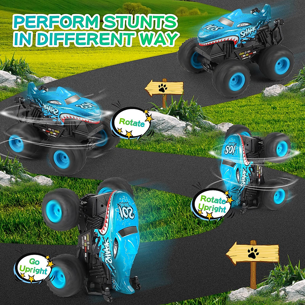 DYODYORC Remote Control Car, 2.4Ghz All Terrain Shark Monster Truck Toys, RC Truck with Music, 3 Lighting Effects, 360 Stunt Capable, All Included Ready to Run, Toy Gifts for Boys and Girls (Blue)