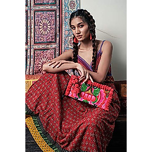 Red Pom Pom Clutch Bag with Embroidered Hmong Tribes Orchid Pattern