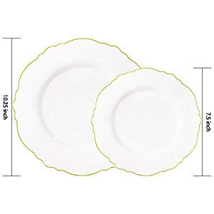 WDF 60pcs White and Gold Plastic Plates - Baroque White With Gold of 30 Heavy Duty Gold dinner plates 10.25inch, 30 Salad Plates 7.5inch